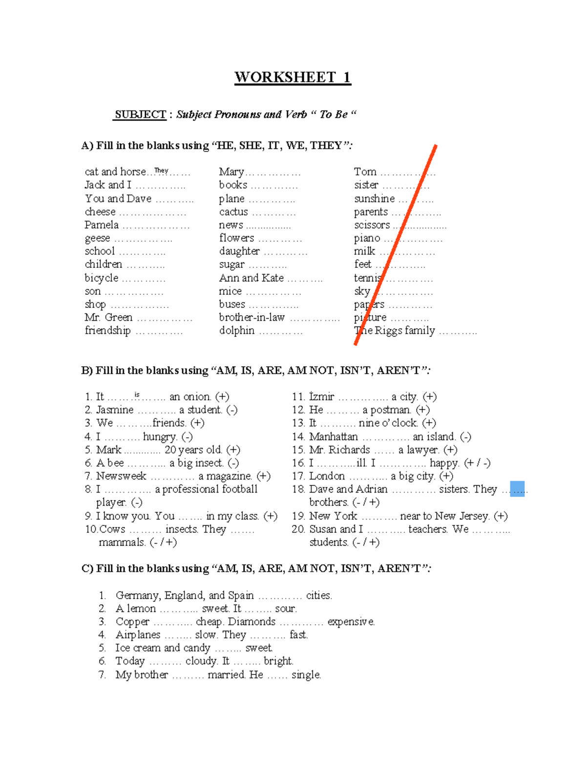 Worksheet 1- VERB TO BE 22-07-2021 - WORKSHEET 1 SUBJECT : Subject ...