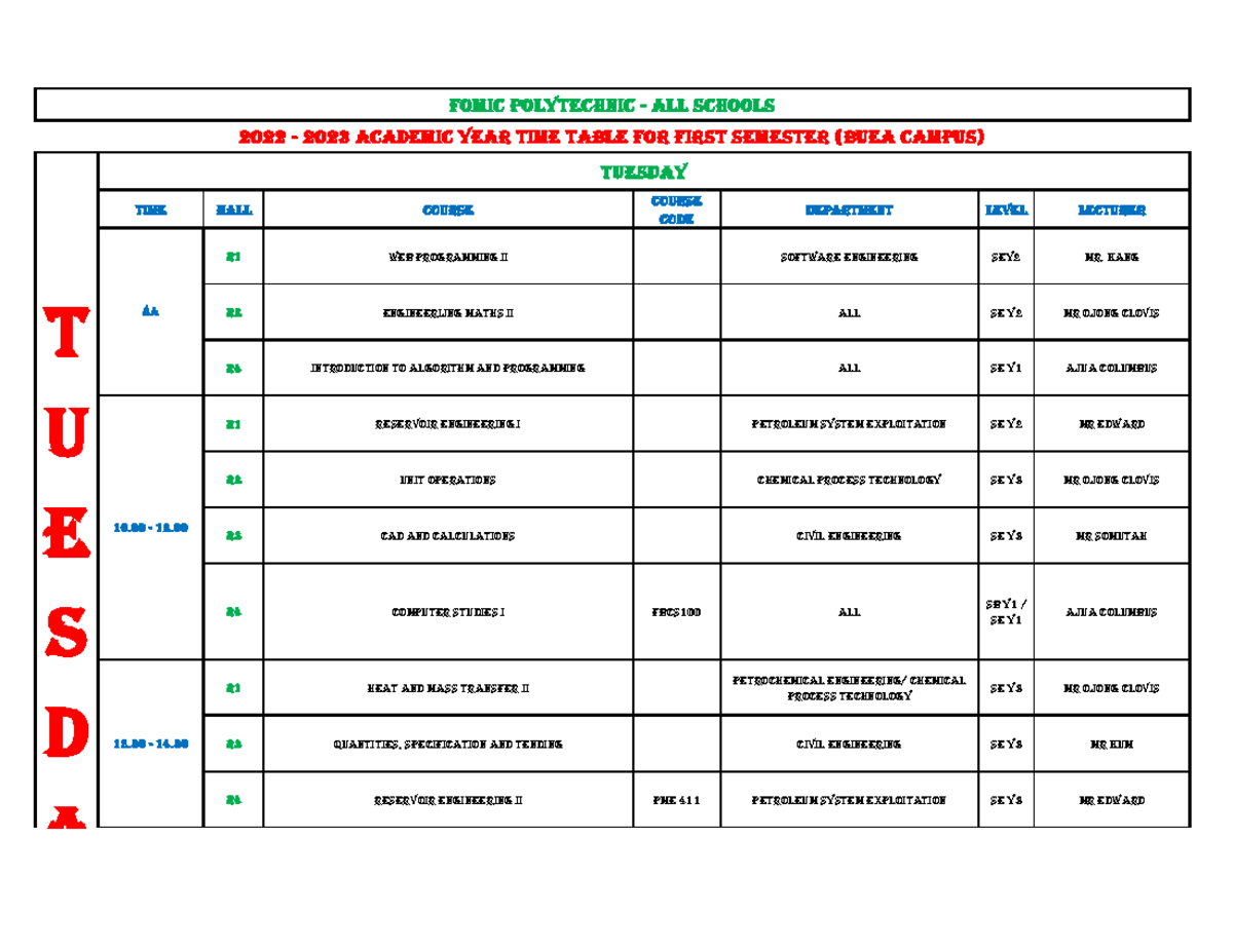 ALL Engineering 1Sem Timetable BUEA - ####### TIME HALL COURSE ...