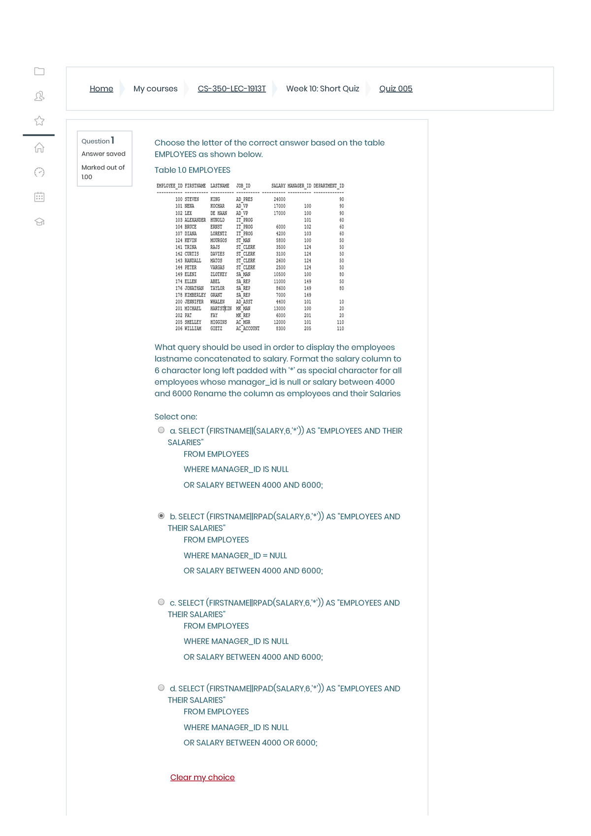 442175595 DBMS Quiz 005 - Home My courses CS-350-LEC-1913T Week 10: Short Quiz Quiz 005 Question ...