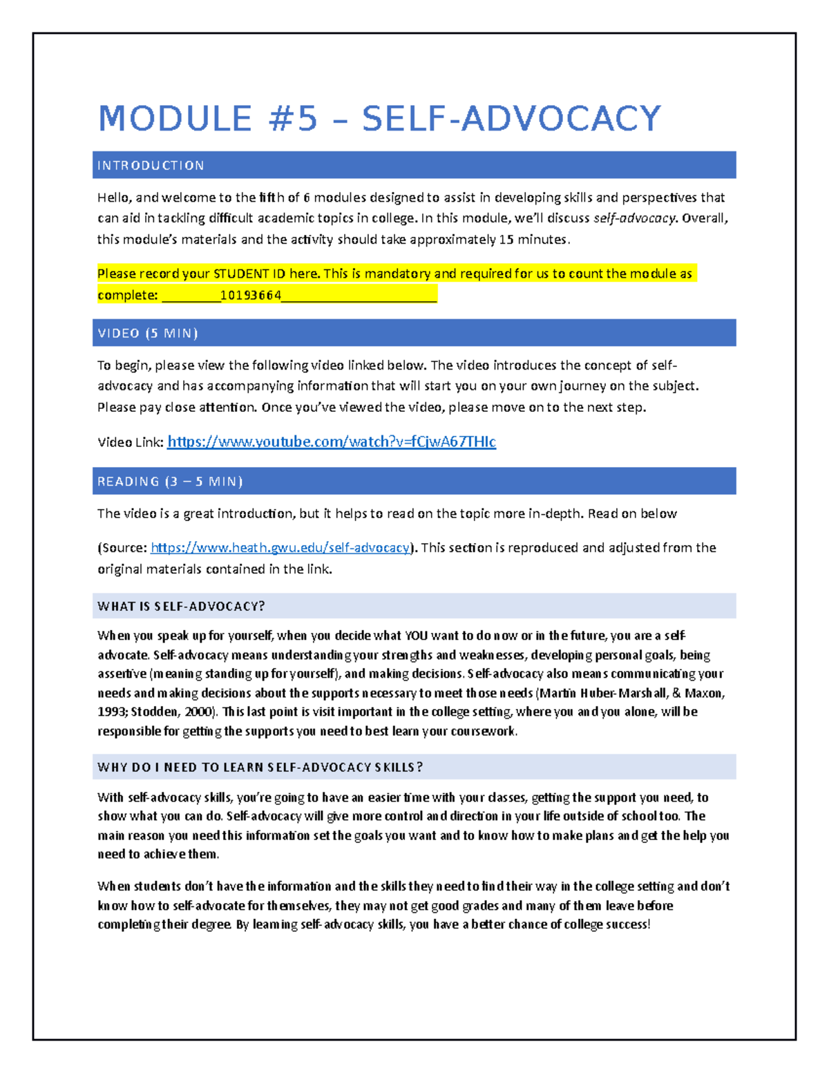 Grant Module 5 10193664 - MODULE #5 – SELF-ADVOCACY INTRODUCTION Hello ...