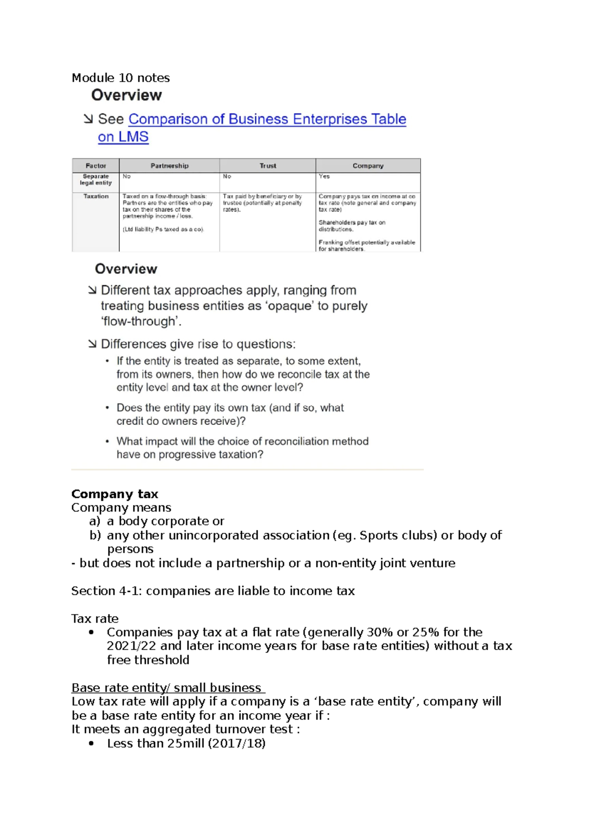 Module 10 notes - Module 10 notes Company tax Company means a) a body ...