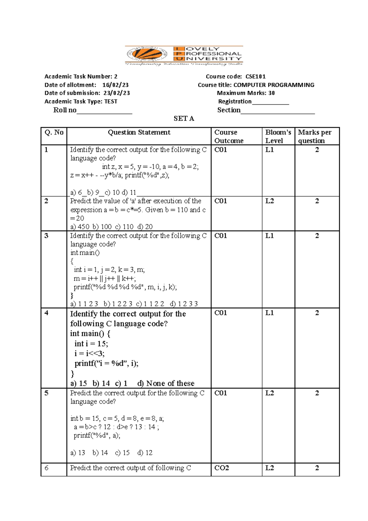 CA2SETA - C programming CA2 questions with answer. - Academic Task Number: 2 Course code: CSE ...