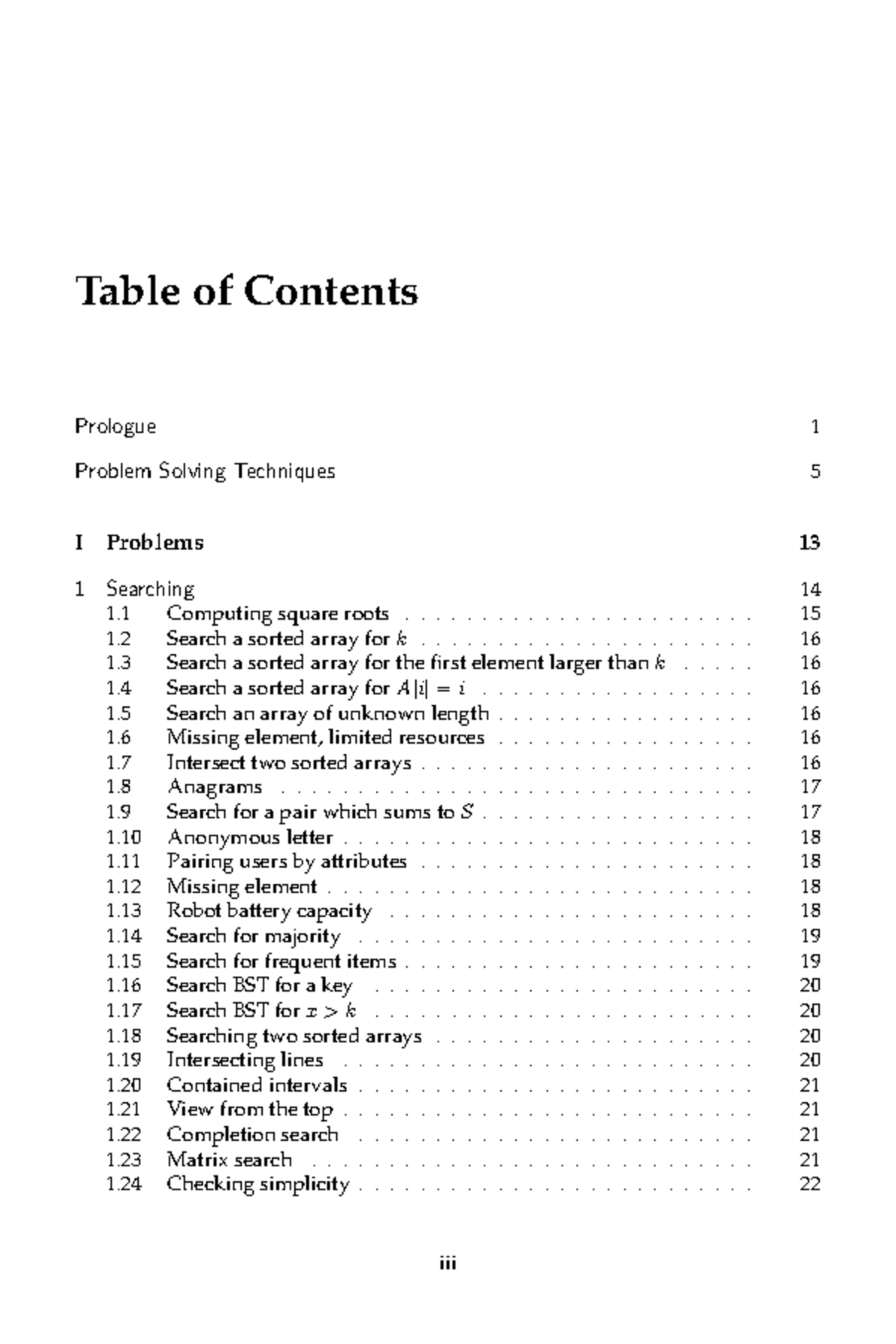Algorithms for Interviews - Table of Contents Prologue Problem Solving ...