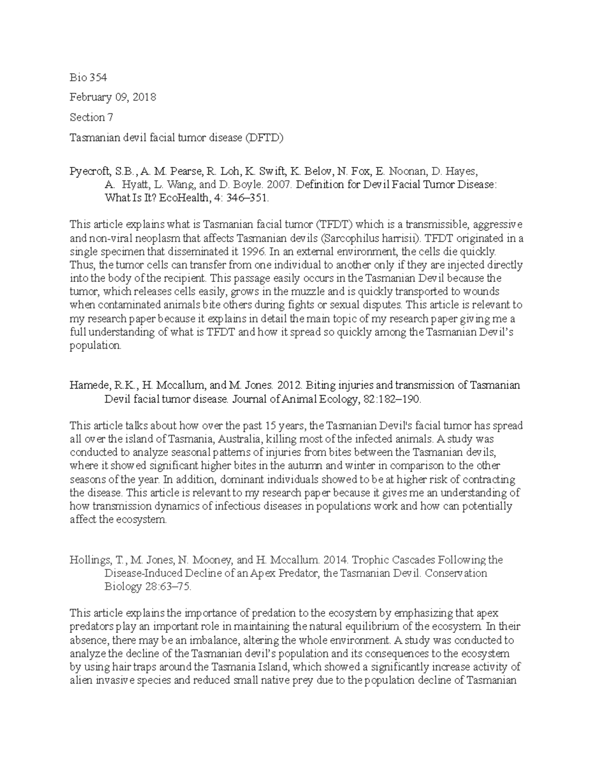 Ecology research paper 2 - Bio 354 February 09, 2018 Section 7 ...