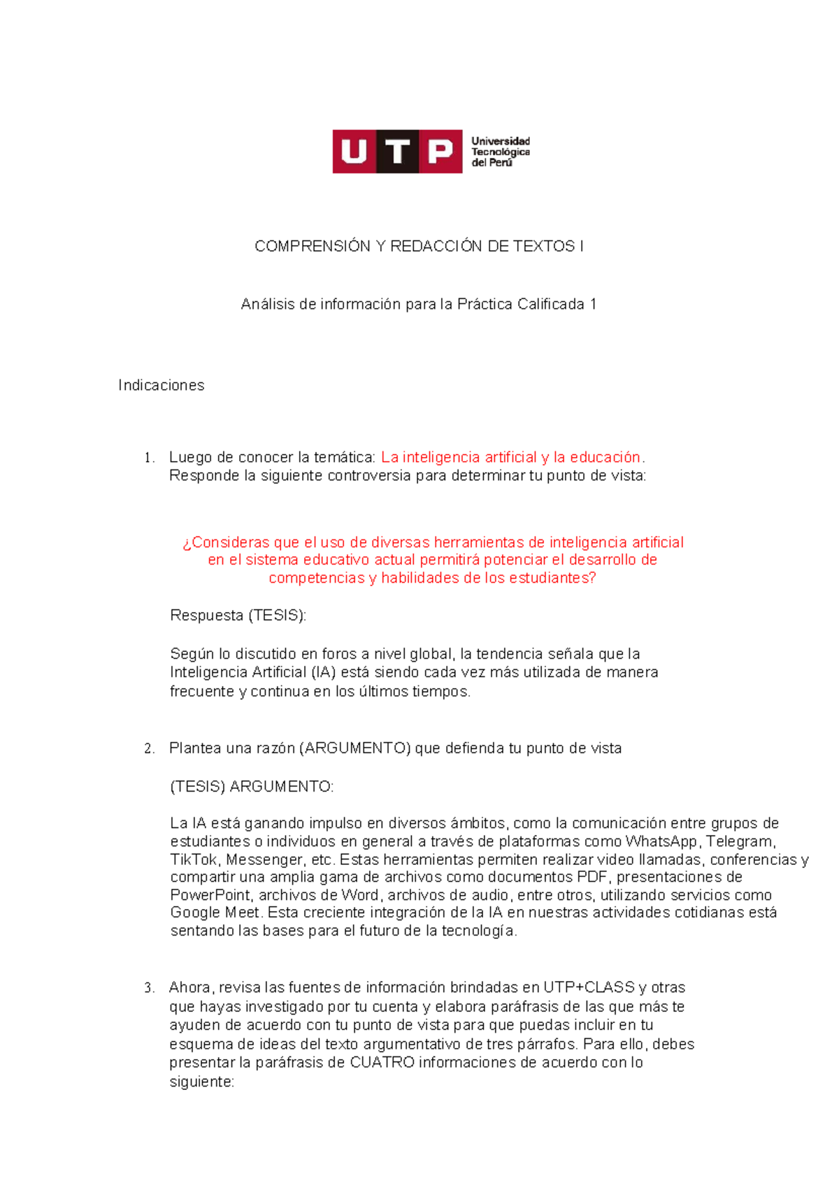 Redacción preliminar de un texto argumentativo para la PC1 - COMPRENSIÓN Y REDACCIÓN DE TEXTOS I ...