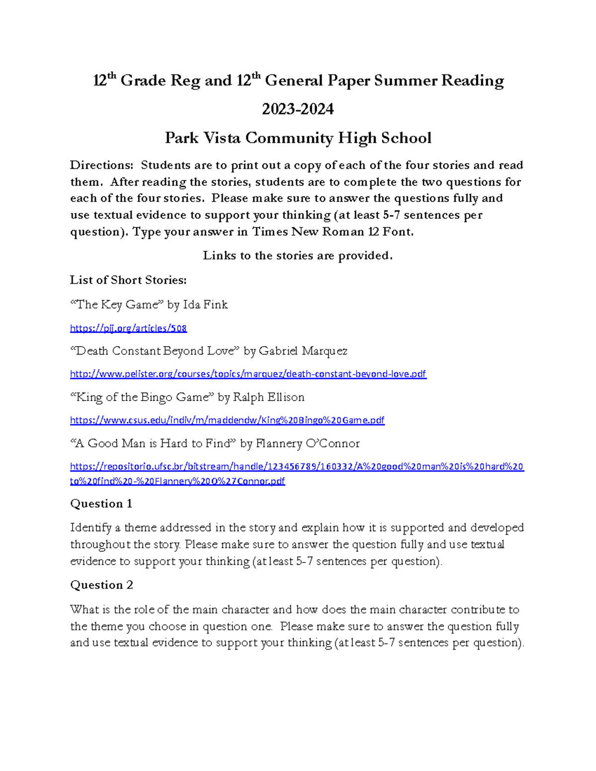 12th Grade Summer Reading Short Stories - 12 th Grade Reg and 12 th ...