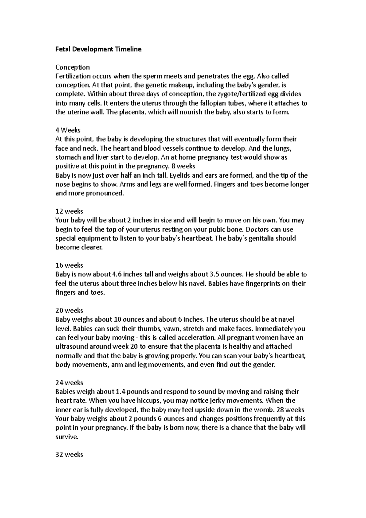 Fetal Development Timeline Fetal Development Timeline Conception