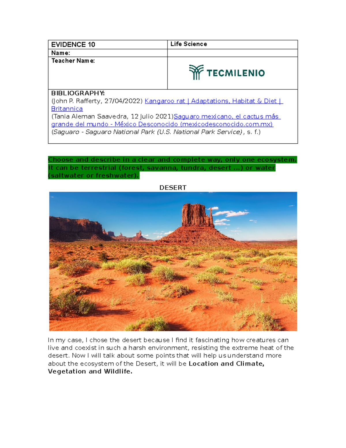 Evidence 2 LIFE Science - EVIDENCE 10 Life Science Name: Teacher Name ...