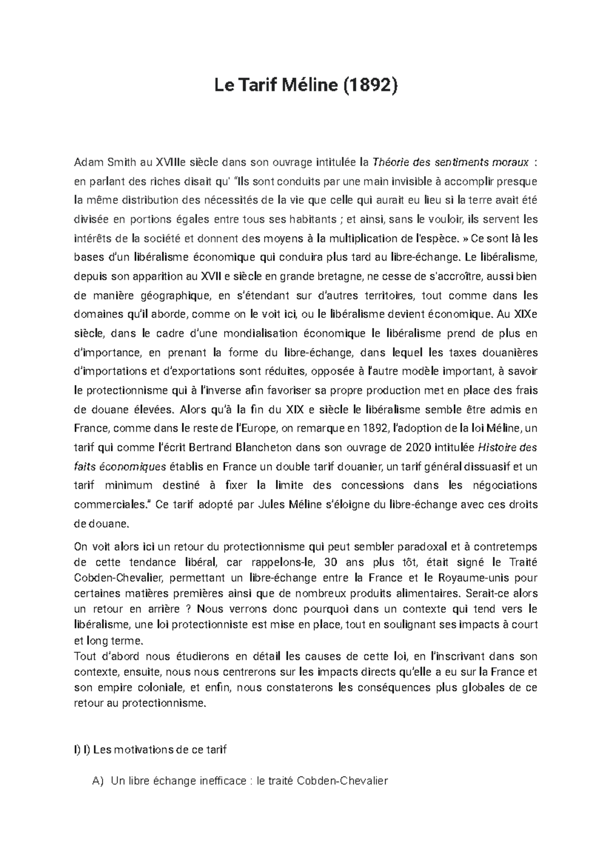 Tarif Méline - Le Tarif Méline (1892) Adam Smith au XVIIIe siècle dans ...