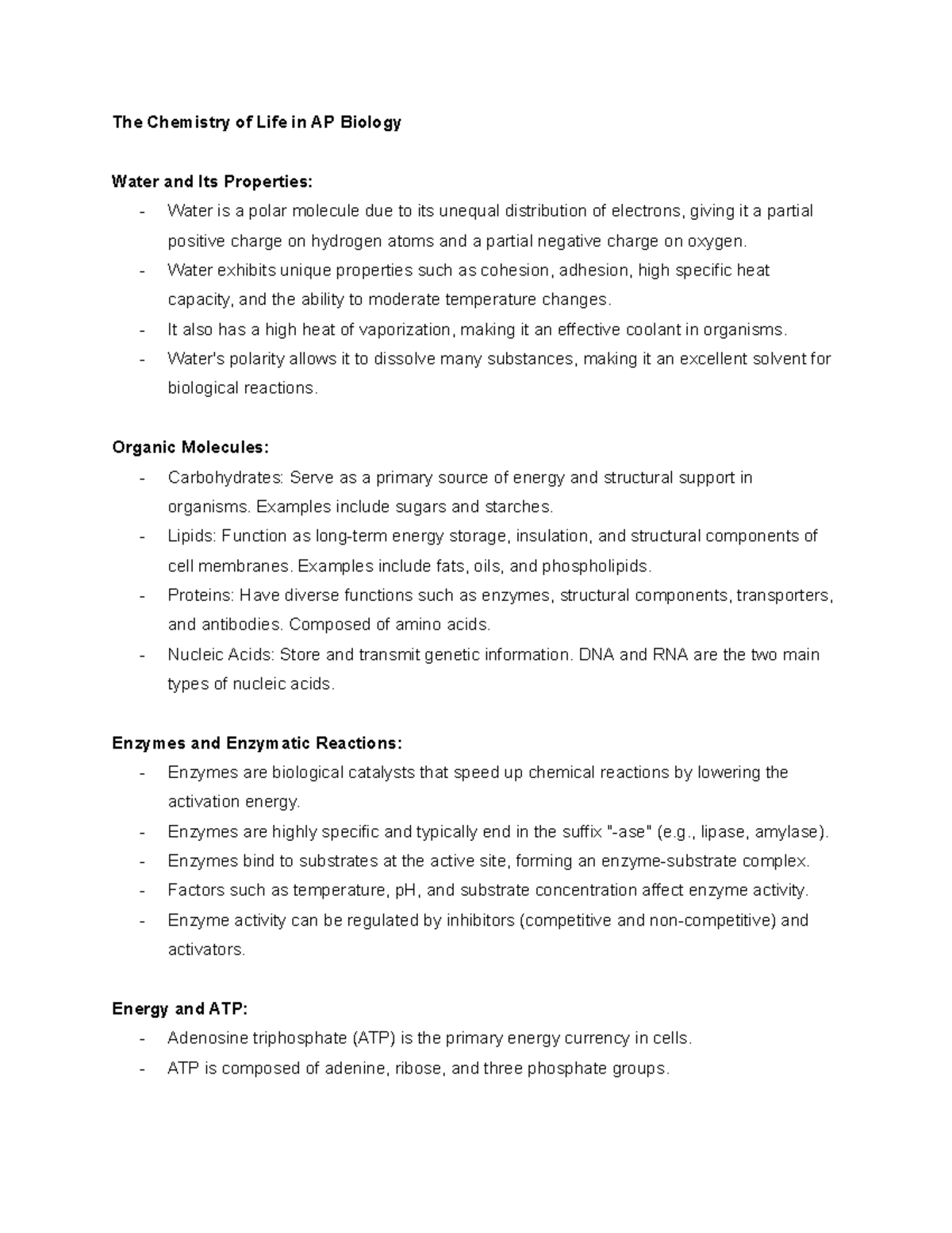 AP Biology Notes The Chemistry of Life - The Chemistry of Life in AP ...