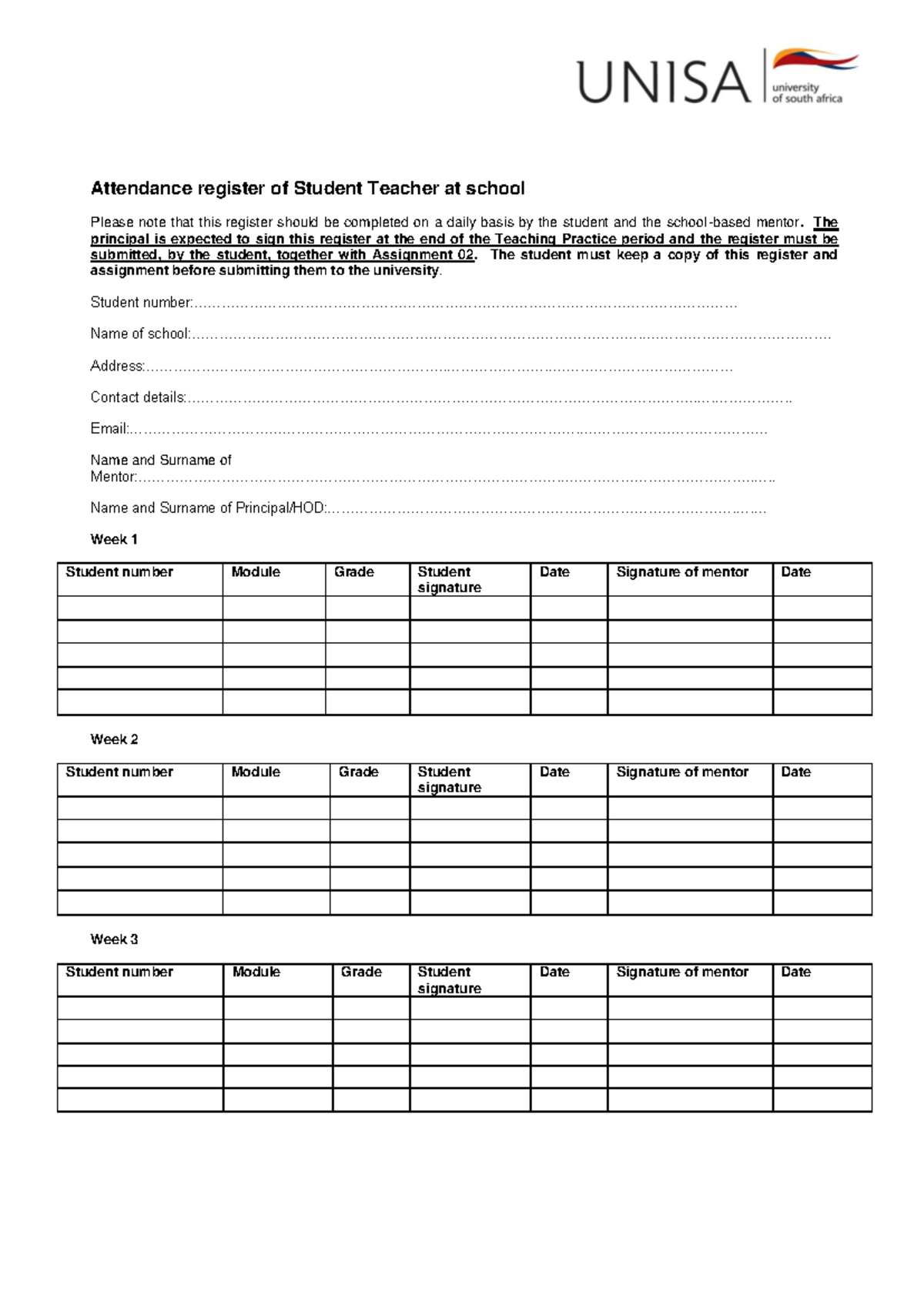 Attendance register - Tpn assignment - Attendance register of Student ...