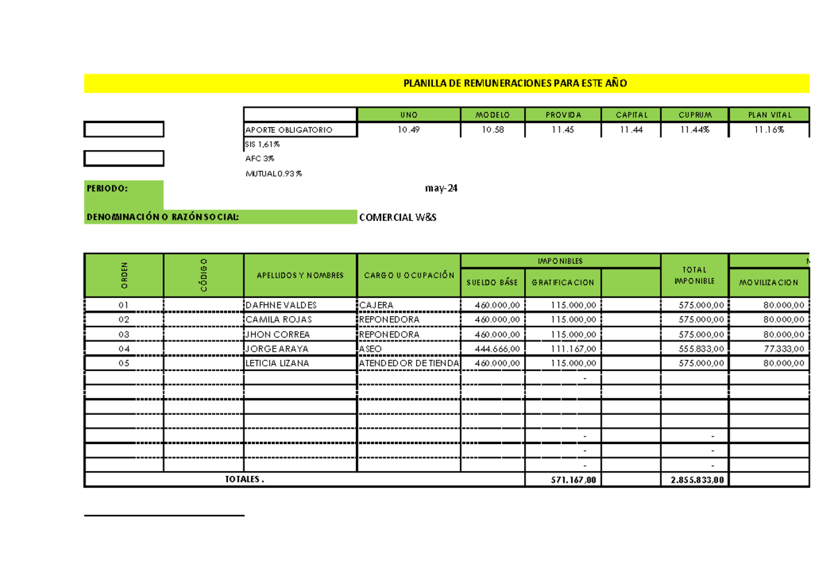 Planilla de remuneraciones del Peru en Excell - UNO MODELO PROVIDA ...