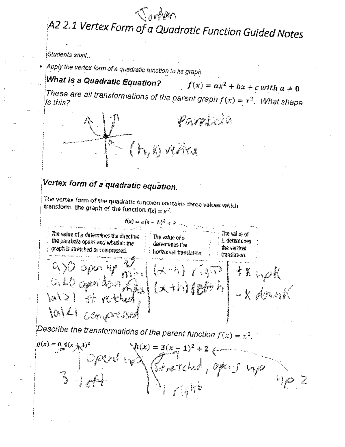 2.1 notes - Jordan A22 Vertex Form of a Quadratic Function Guided Notes ...