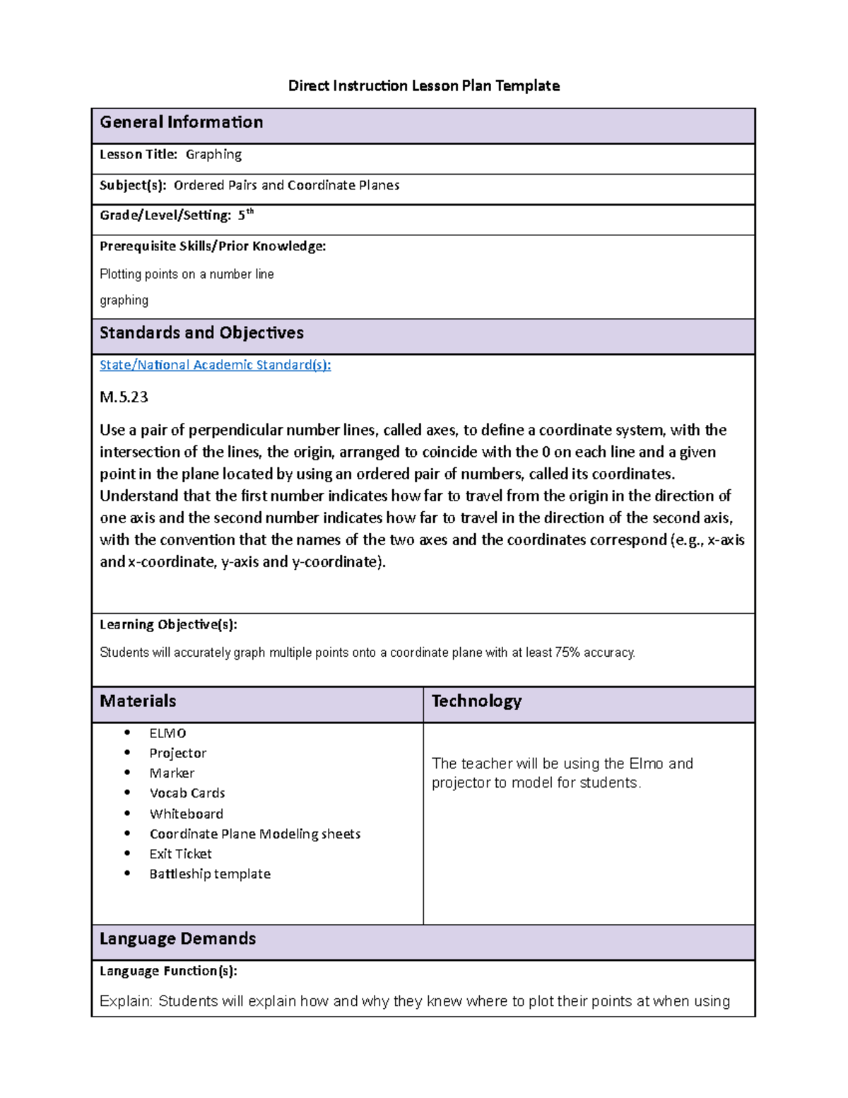 This is the lesson plan -Graphing Task 1 Part D - Direct Instruction ...