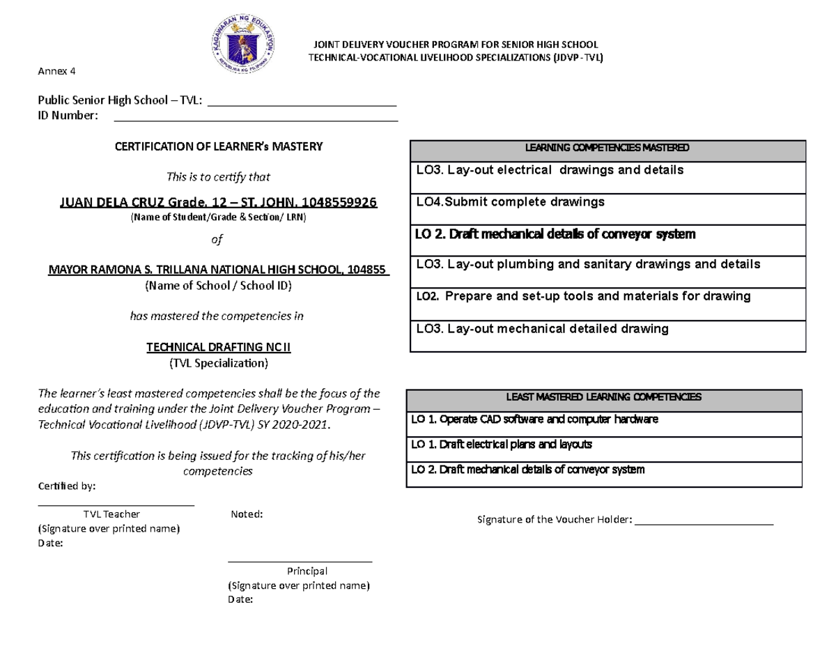 Annex 4 JDVP Certificate of Learners Mastery 01212020 - JOINT DELIVERY ...