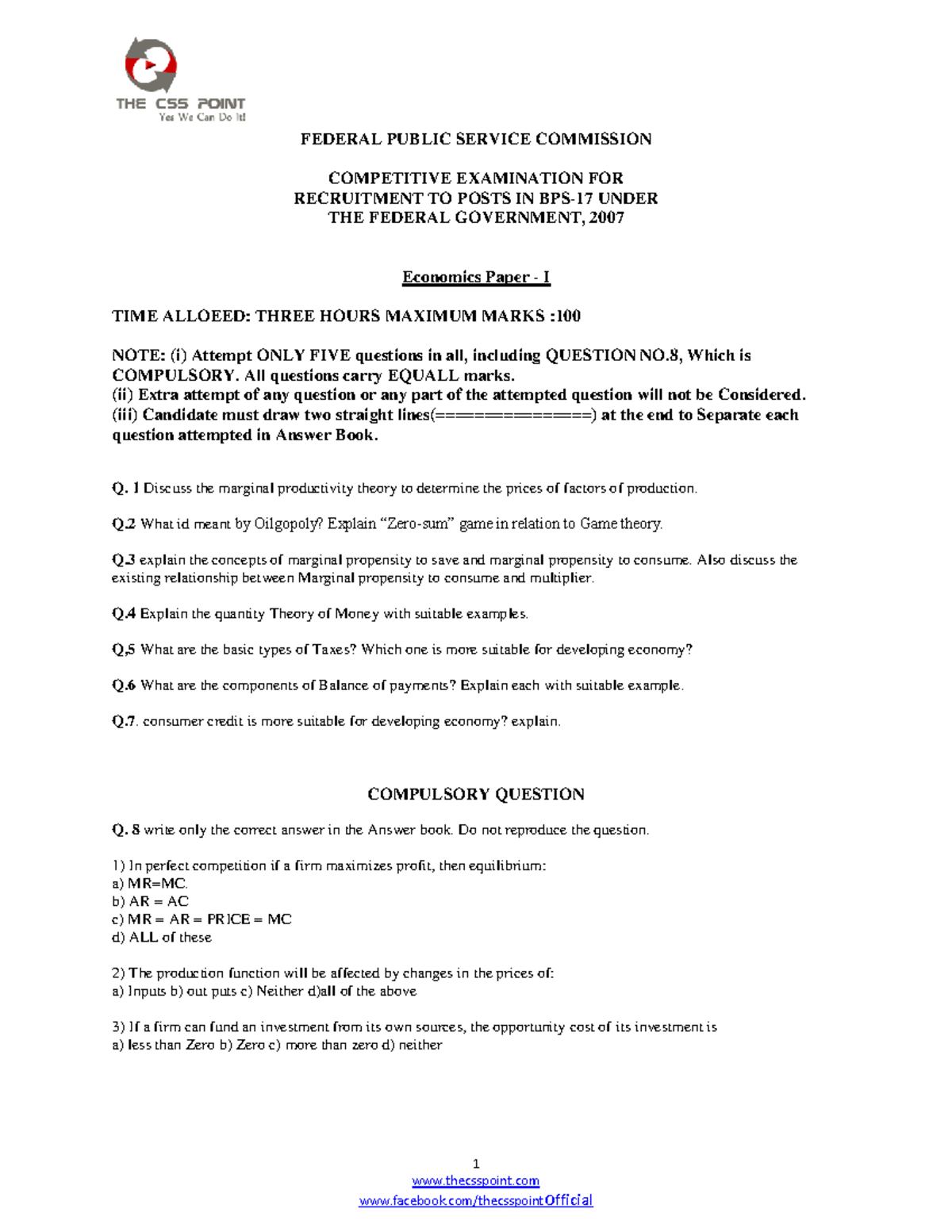 Economics CSS paper - 2007 - Econometrics - AWKUM - Studocu