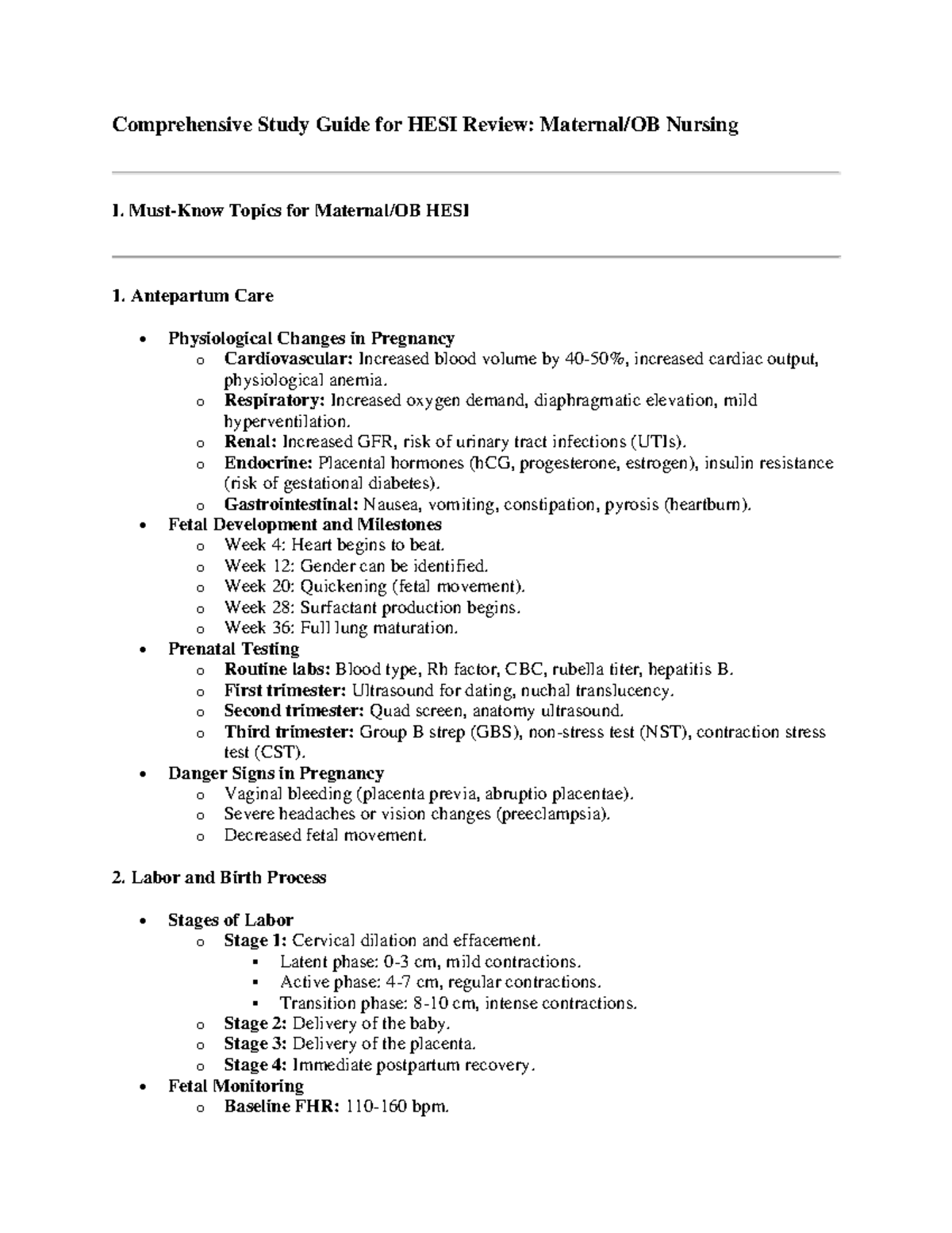 Maternal HESI Study Guide - Comprehensive Study Guide for HESI Review ...