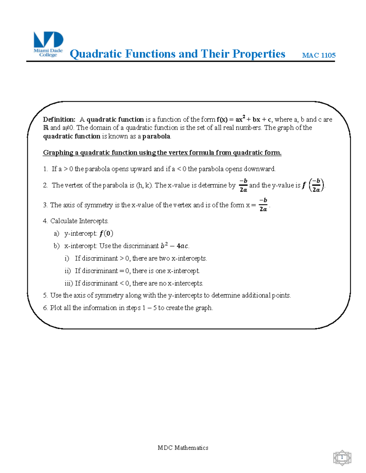 MAC 1105 Quadraticfunctionsandtheir Properties Sec.4.3 - Quadratic Functions and Their ...