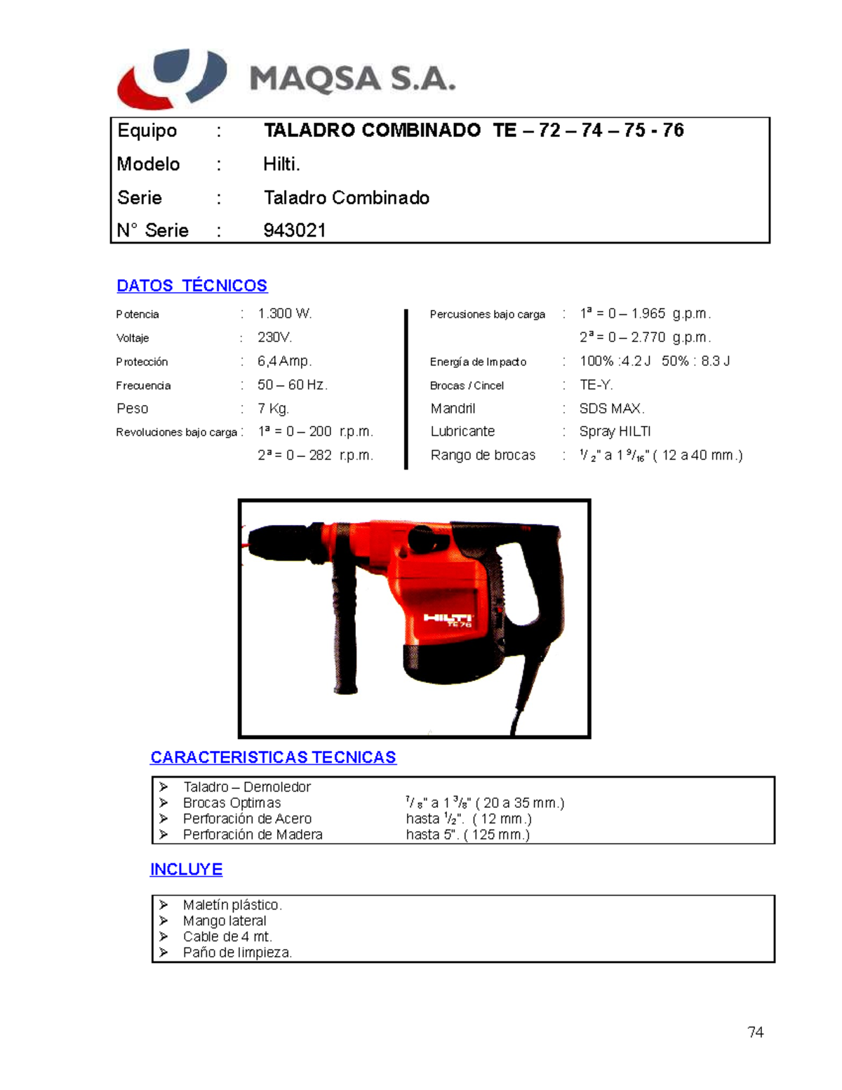 943021 Taladro electrico Hilti TE 72 - 74 - 75 - 76 - Equipo : TALADRO ...