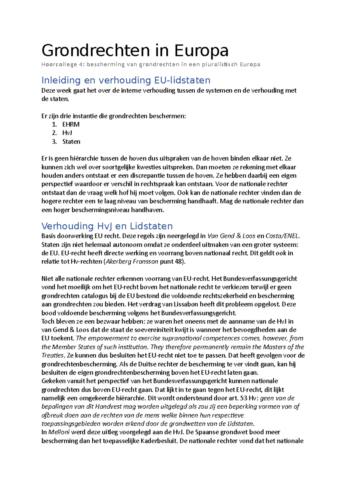 GE HC 4 - Lecture notes 4 - Grondrechten in Europa Hoorcollege 4 ...