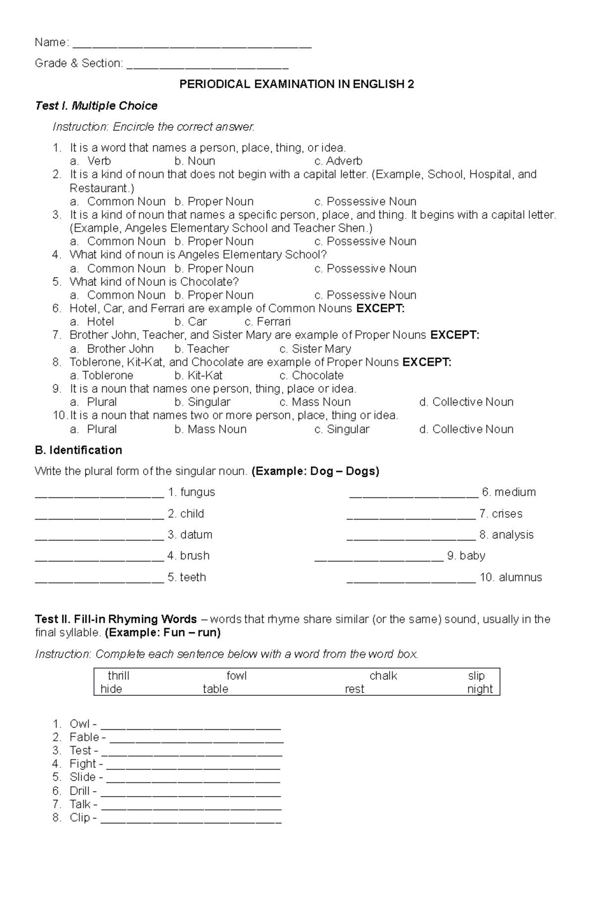 English Reviewer For Grade 2 Name