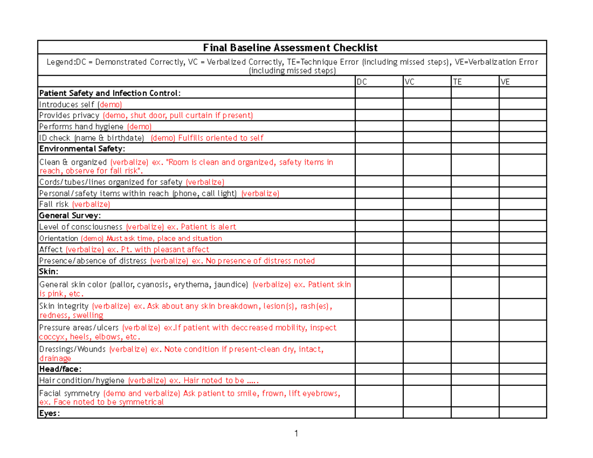 Final Baseline Assessment Checklist F22 - Final Baseline Assessment ...