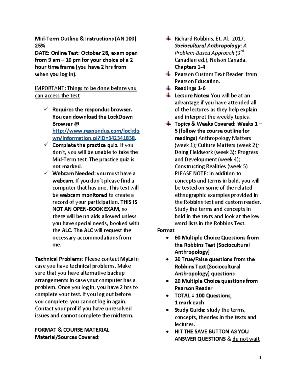 AN100 Mid Term Study Outline-F-20 - Mid-Term Outline & Instructions (AN ...