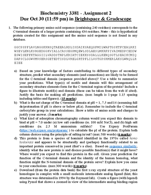 Biochem 3381 Assignment 3 - BIOCHEMISTRY 3381 Assignment # 3 – Due ...