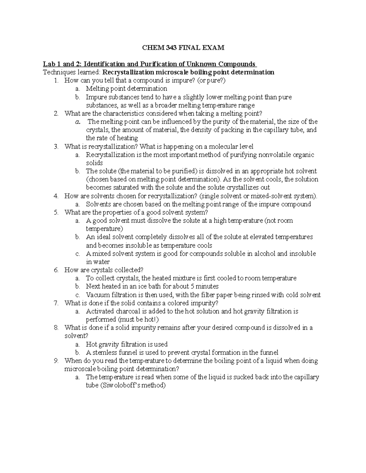 CHEM 343 Final EXAM - Exam study guide, got an A with this - CHEM 343 FINAL EXAM Lab 1 and 2 ...
