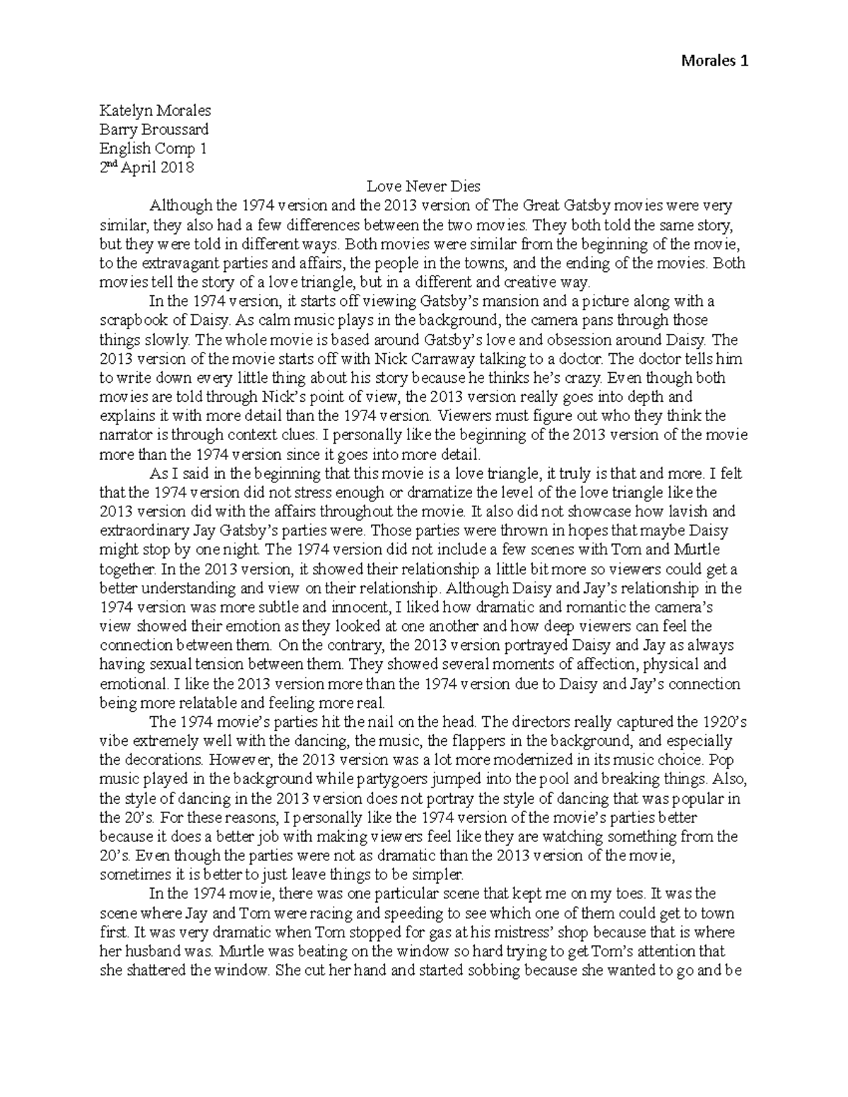 Compare Contrast Essay Katelyn Morales - Morales 1 Katelyn Morales ...