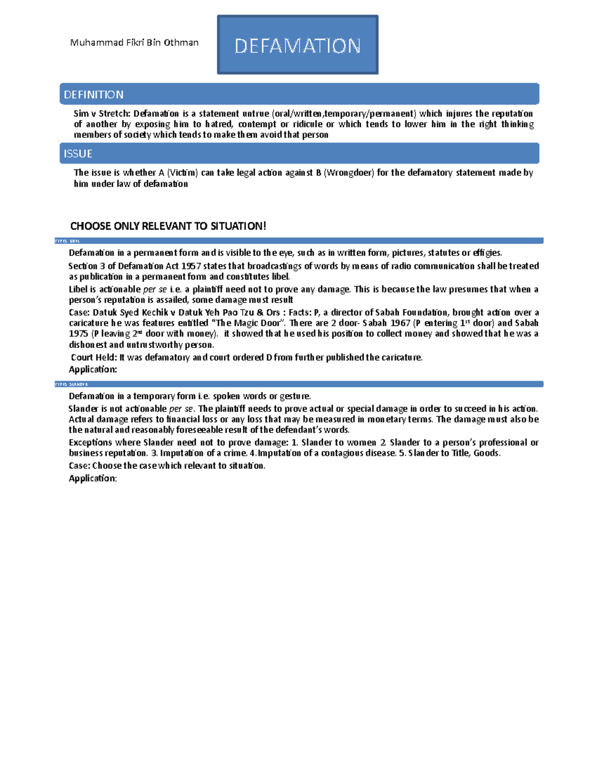 defamation_noted only - DEFINITION Sim v Stretch: Defamation is a ...