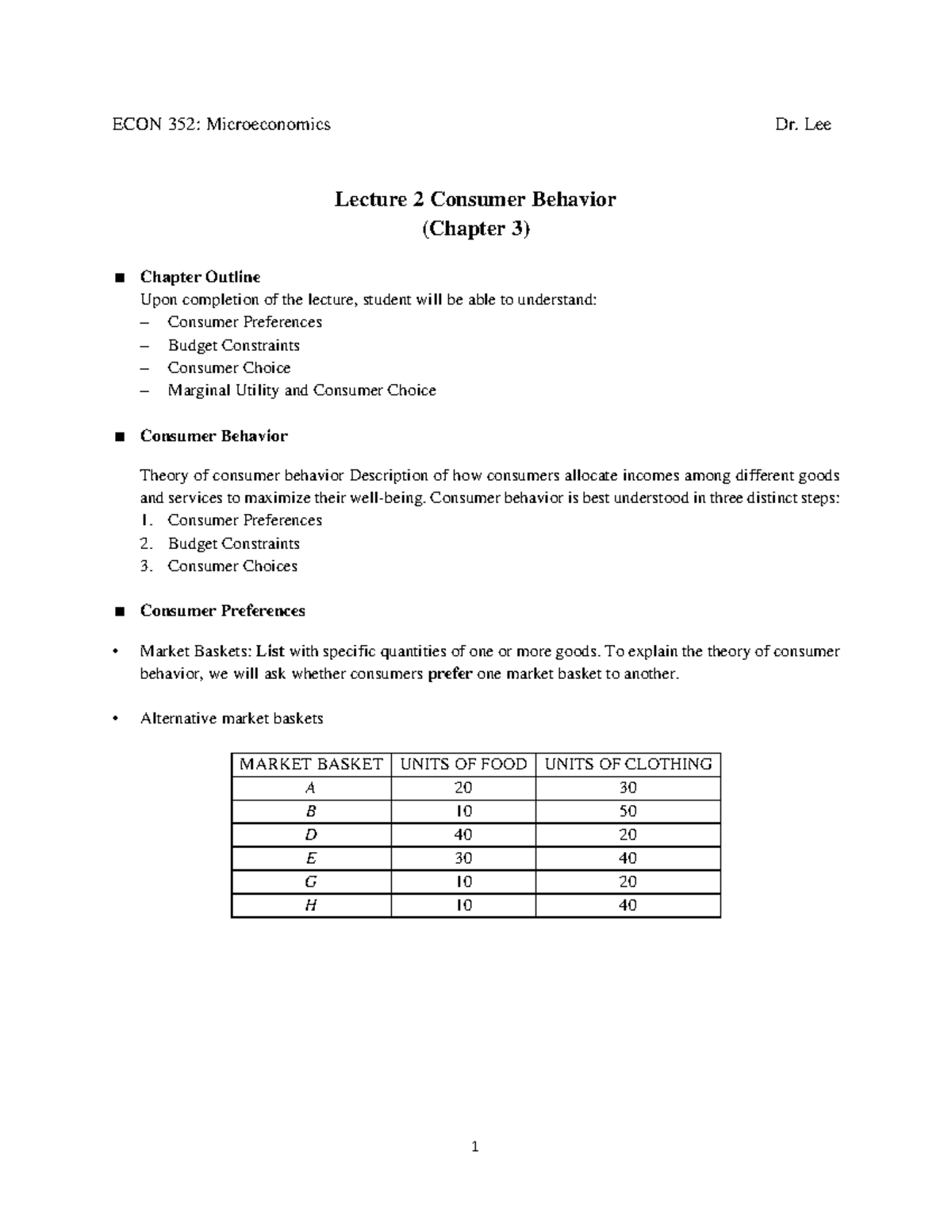 ECON 352 Lecture 2 - ECON 352: Microeconomics Dr. Lee Lecture 2 Consumer Behavior (Chapter 3 ...