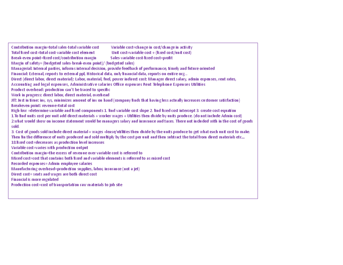 Exam 1 notecard - Note card to use on exam 1 - Contribution margin ...