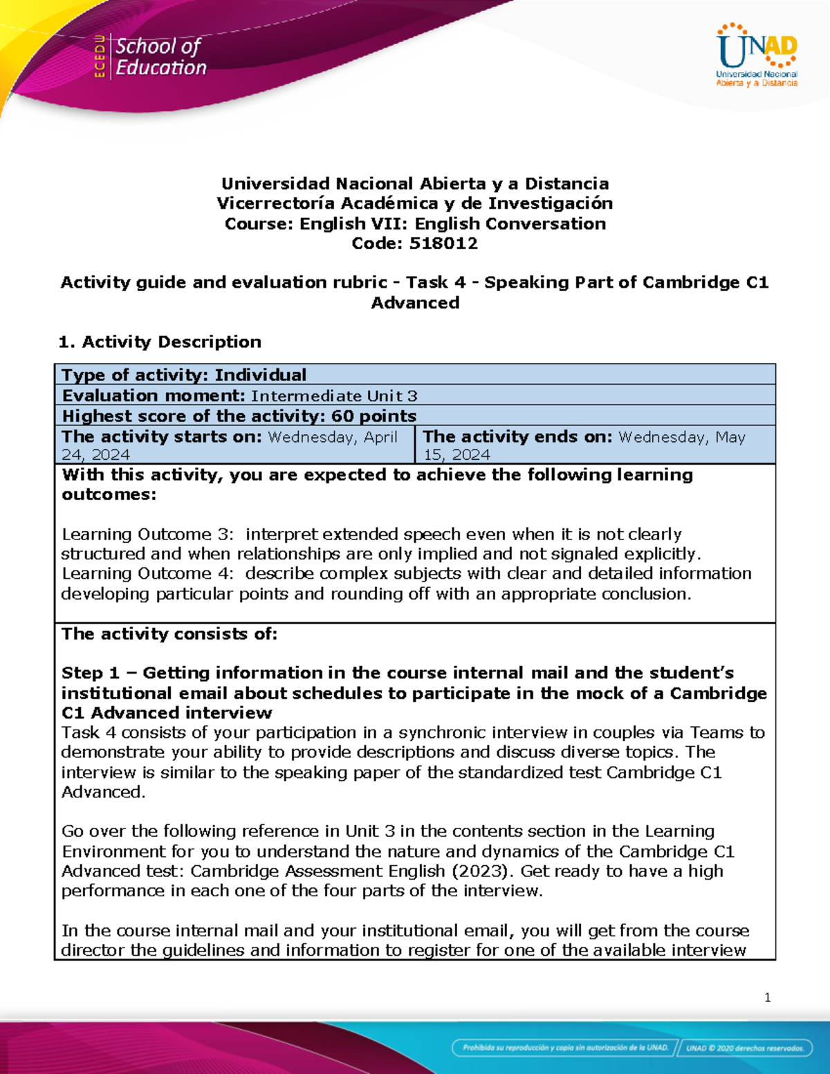 Activity guide and evaluation rubric - Unit 3 - Task 4 - Speaking Part of Cambridge C1 Advanced ...