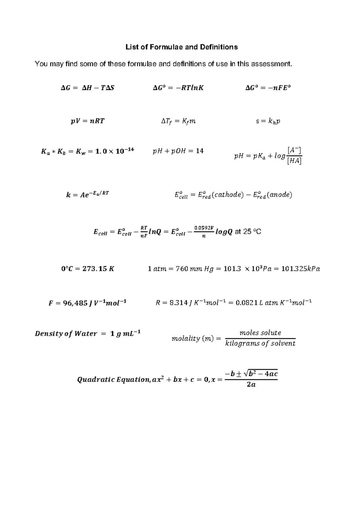 CHEM1001 Exam formulae Sheet - List of Formulae and Definitions You may ...