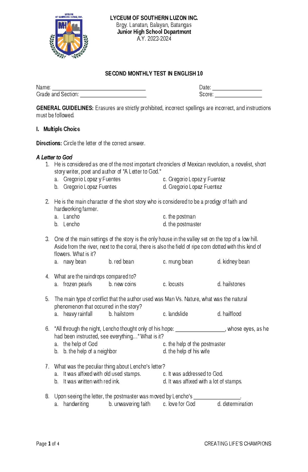 2023-2024 English 10 Second Monthly Test - LYCEUM OF SOUTHERN LUZON INC ...