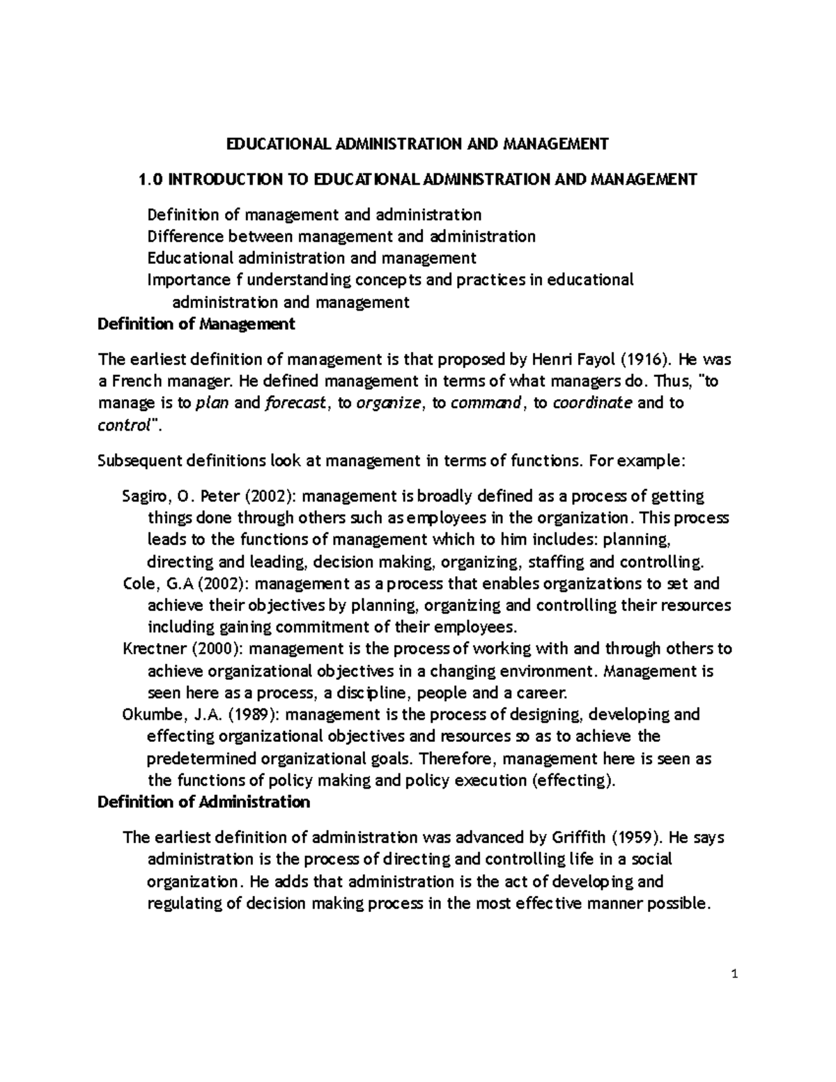 EMP 411- Educational Administration AND Management- Notes-1-4 ...