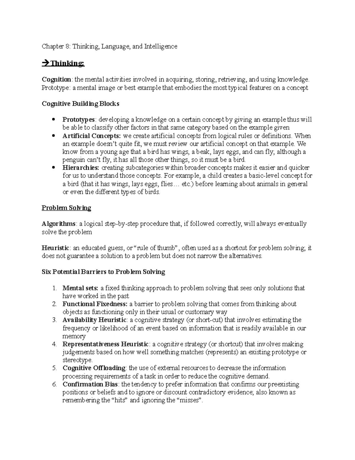 Chapter 8 - Chapter 8: Thinking, Language, and Intelligence Thinking: Cognition: the mental ...