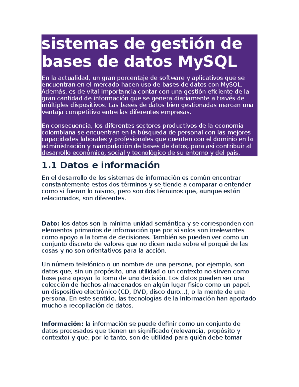 Semana 1 - sistemas de gestión de bases de datos MySQL En la actualidad ...