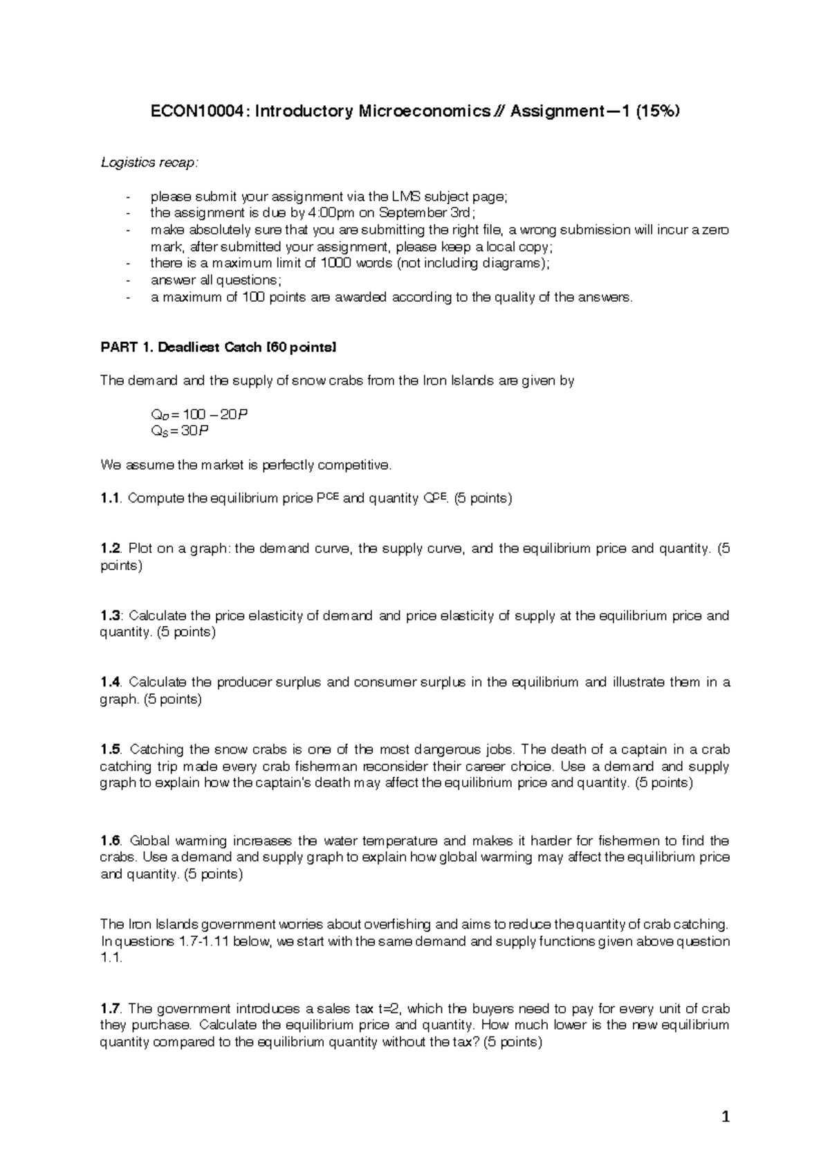 Assignment 1 ECON10004 2021 S2 v2 - 1 ECON10004: Introductory Microeconomics // Assignment—1 (15 ...