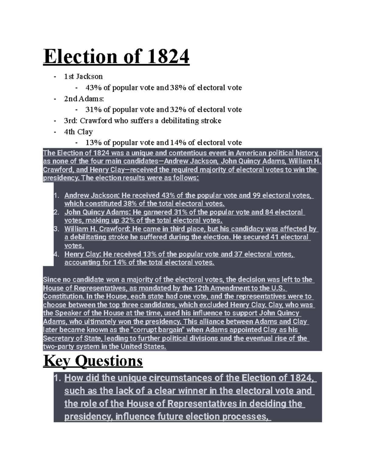 Election of 1824 key questions - Election of 1824 - 1st Jackson - 43% ...