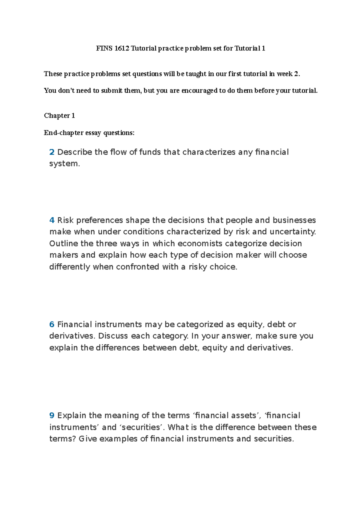 Chapter 1-2 review questions - FINS 1612 Tutorial practice problem set for Tutorial 1 These ...