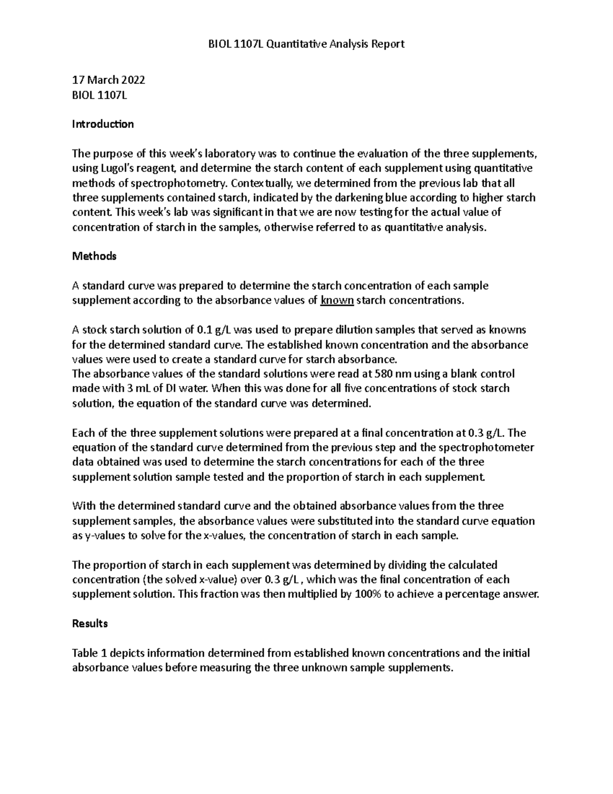 1107 Lab Week 6 - BIOL 1107L Quantitative Analysis Report 17 March 2022 ...