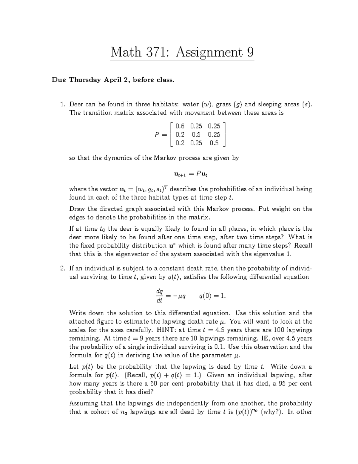Assign 9 - Math 371: Assignment 9 Due Thursday April 2, before class ...