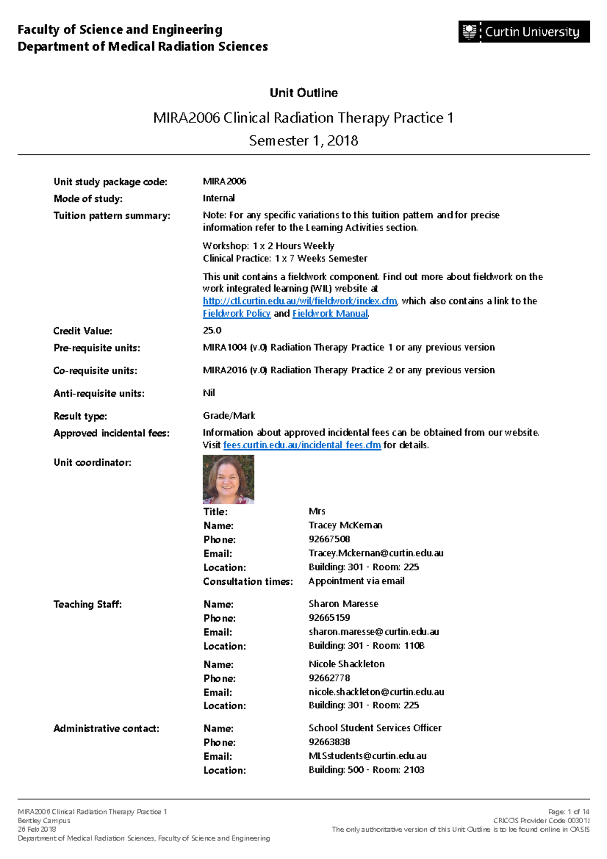 MIRA2006 Clinical Radiation Therapy Practice 1 Semester 1 2018 Bentley ...