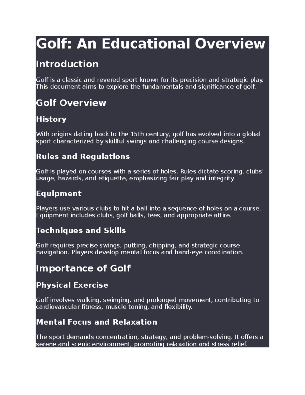 Golf - The basic understanding of golf. - Golf: An Educational Overview ...