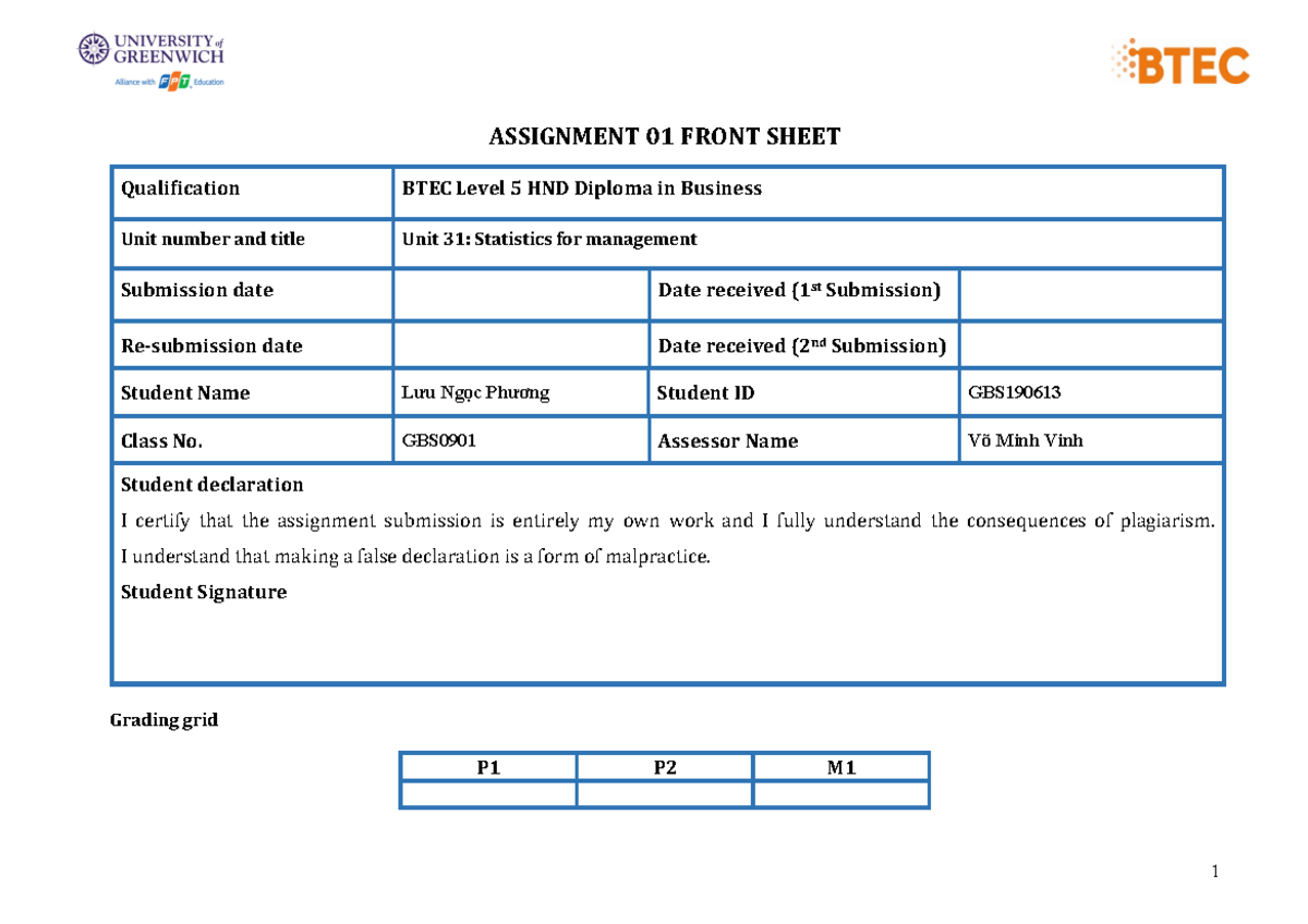 LNPhuongasm 1 570 - assignment 1 sample - ASSIGNMENT 01 FRONT SHEET Qualification BTEC Level 5 ...