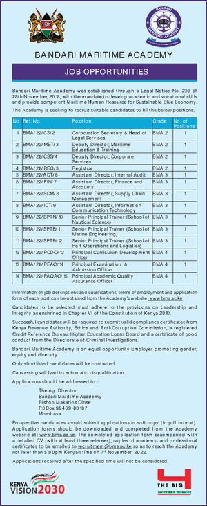 Detailed-Job-Advert - Sent - BANDARI MARITIME ACADEMY JOB OPPORTUNITIES ...