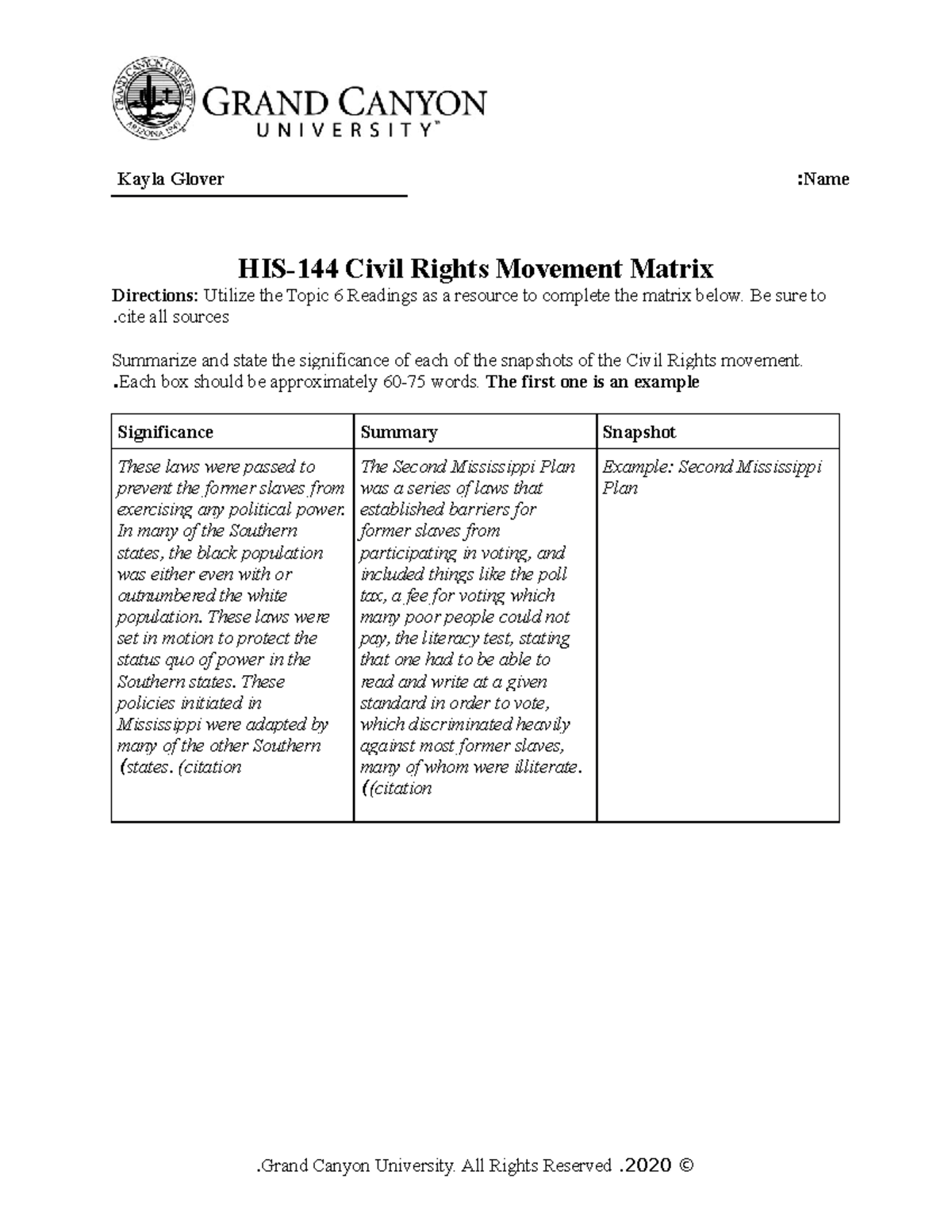 HIS-144-T6 Civil Rights Movement Matrix Online - Kayla Glover :Name HIS ...