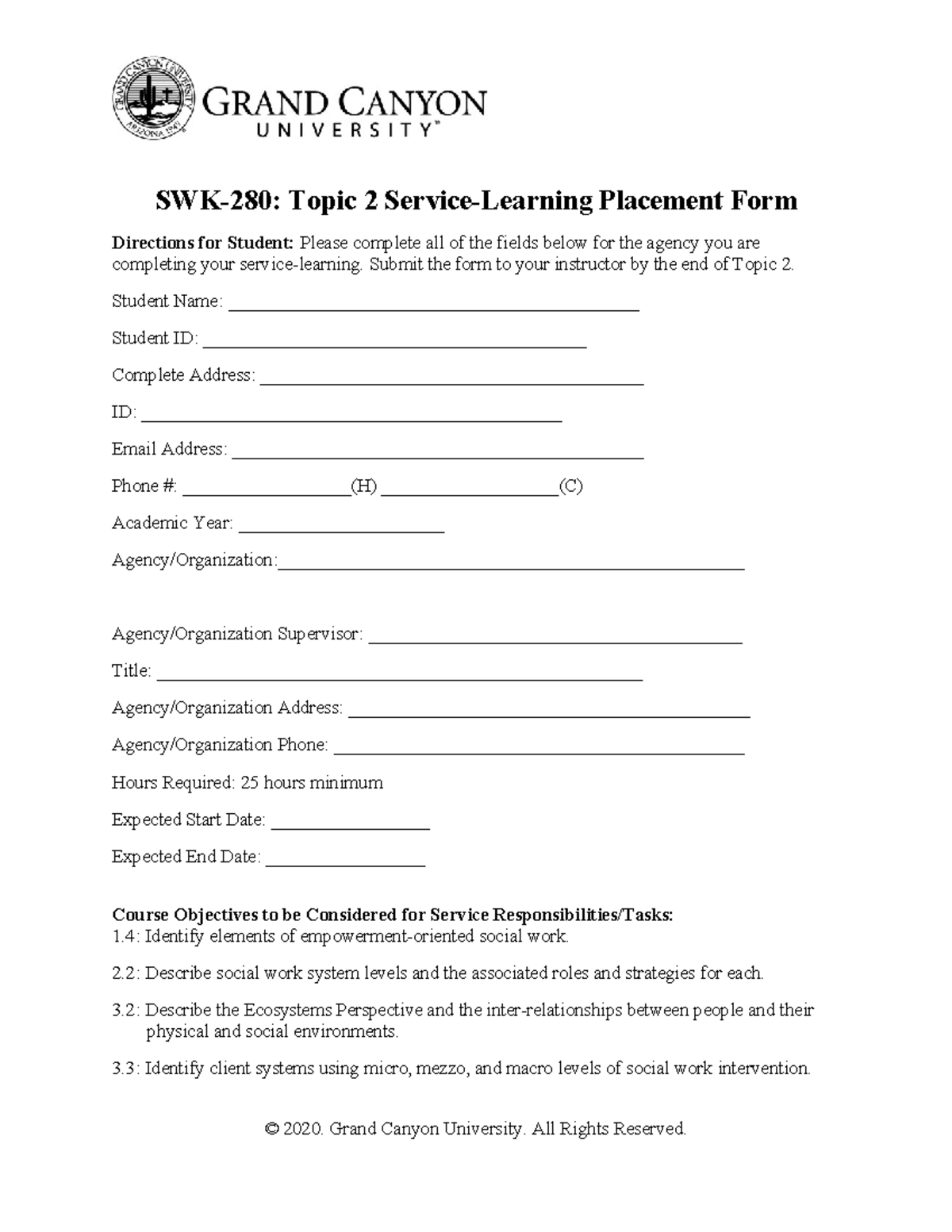 SWK 280 - Service Hours - Learning Placement Form - © 2020. Grand ...
